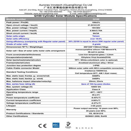 Data sheet of cylinder solar module Q100-Cylinder solar street light ...