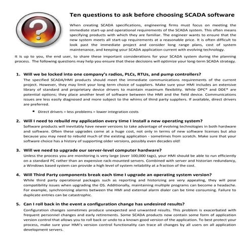 Ten questions to ask before choosing SCADA software | PDF