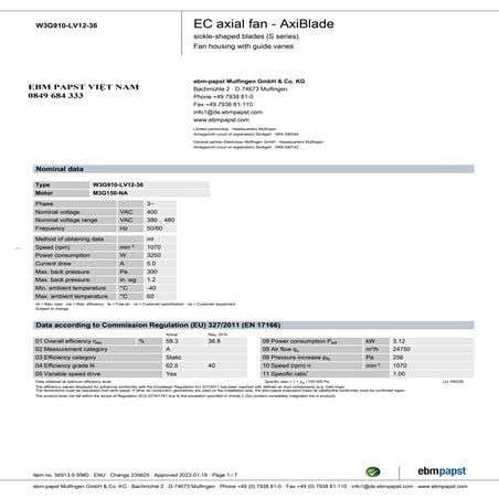 Data sheet W3G910LV1236-EBMPAPST | PDF