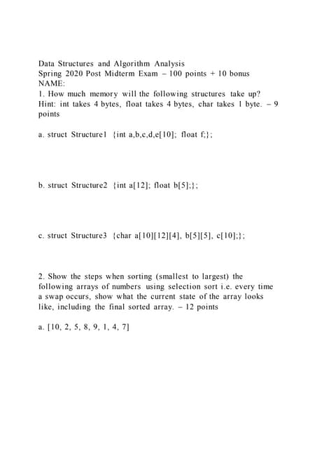 Data Structures And Algorithm Analysisspring 2020 Post Midterm E Pdf