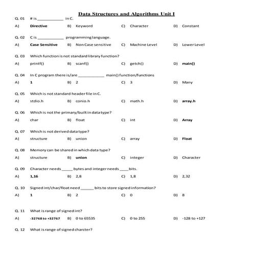 Data Structures And Algorithms Unit I Pdf