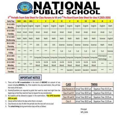 Date sheet for class Nursery and IX 2nd periodic exam and class X 1st ...