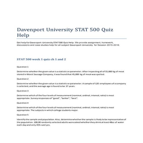 Davenport university stat 500 quiz help | PDF
