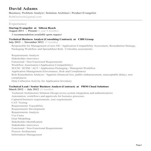 David Adams Linkedin Information Architect Business Analyst Web