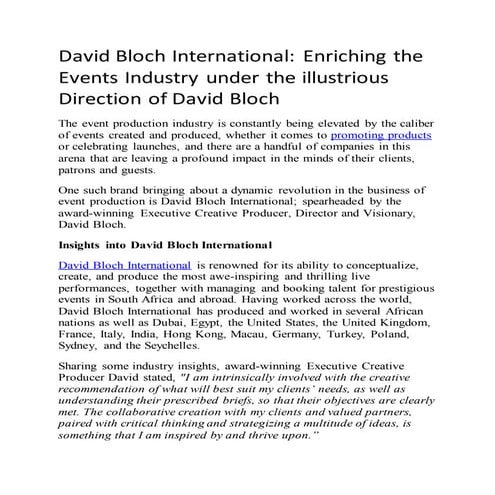 David Bloch International: Enriching the Events Industry under the illustrious Direction of ...