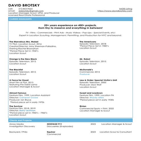 NYC Location Scout and Manager - David Brotsky Film Resume - FALL 2023 .pdf