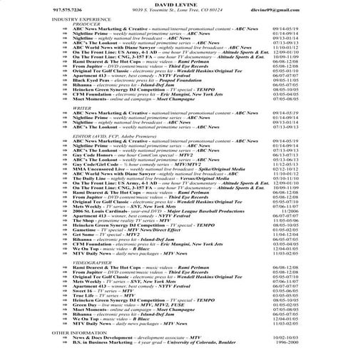 David Levine Resume - Creative Producer, Writer, Editor. | PDF