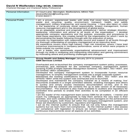 David wolfenden cv may 2016 | PDF