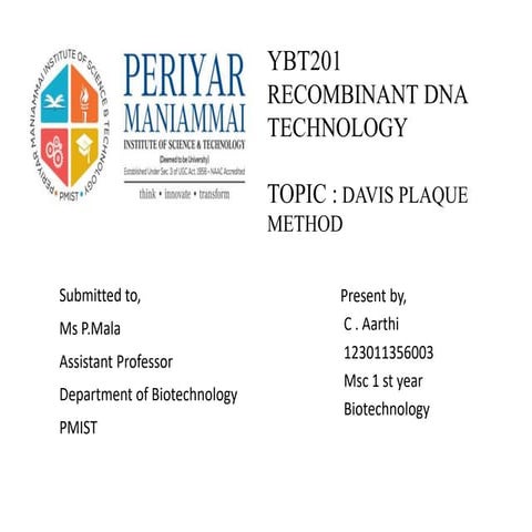 Davis plaque method.pptx recombinant DNA technology | PPTX