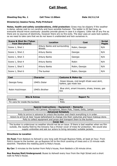 Daily call sheet day 1 and 2 | DOC