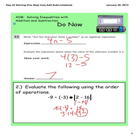 Day 22 solving one step ineq add subt | PDF