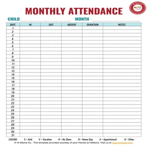 Daycare Sign In Sheet Template - Monthly | PDF