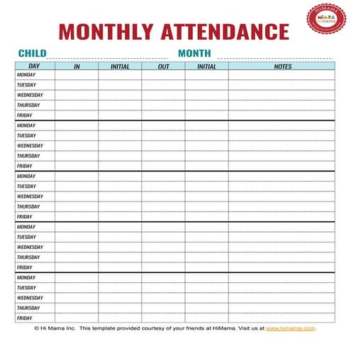 Daycare Sign in Sheet Template - Monthly | PDF