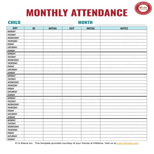 Daycare Sign in Sheet Template - Monthly | PDF