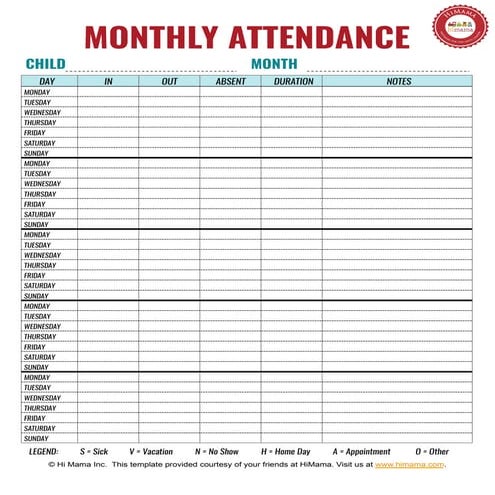 Daycare Sign in Sheet Template - Monthly | PDF