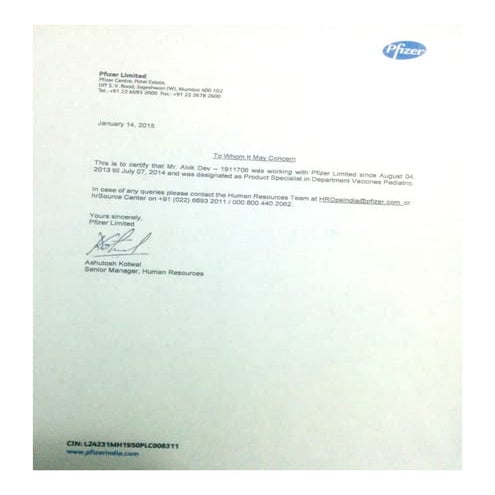 ALOK PFIZER RECOMMENDATION LETTER | PDF