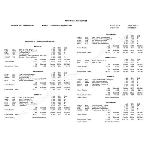 UNLV Transcript F2014 | PDF | Undergraduate Education | College Education