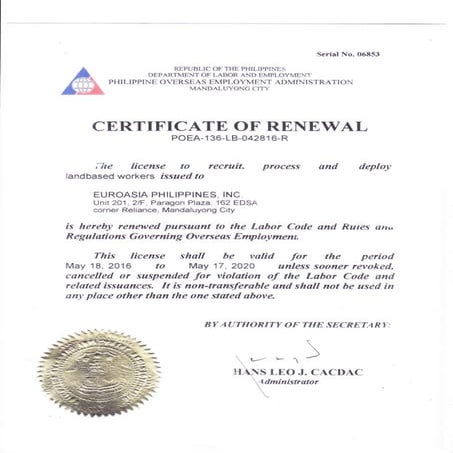 EPI_POEA License Certificate of Renewal from 2016 to 2020 | PDF | Law