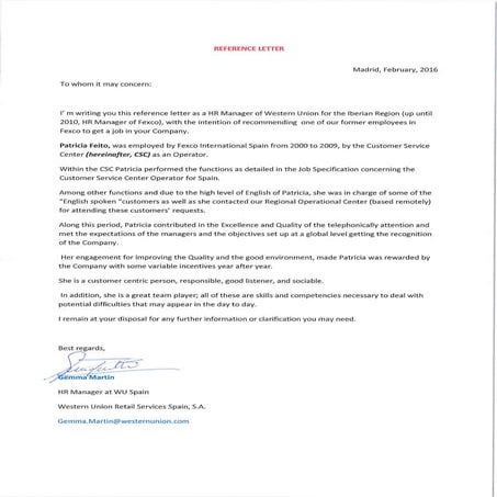 Western Union Spain Recomendation Letter | PDF