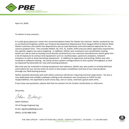Stefan von Henner Reference Letter - From VP of Design Engineering | PDF