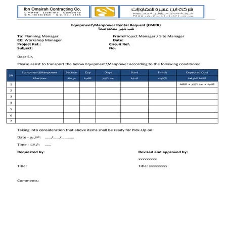 EMR (Equipment-Manpower Request) Sample template before and after ...