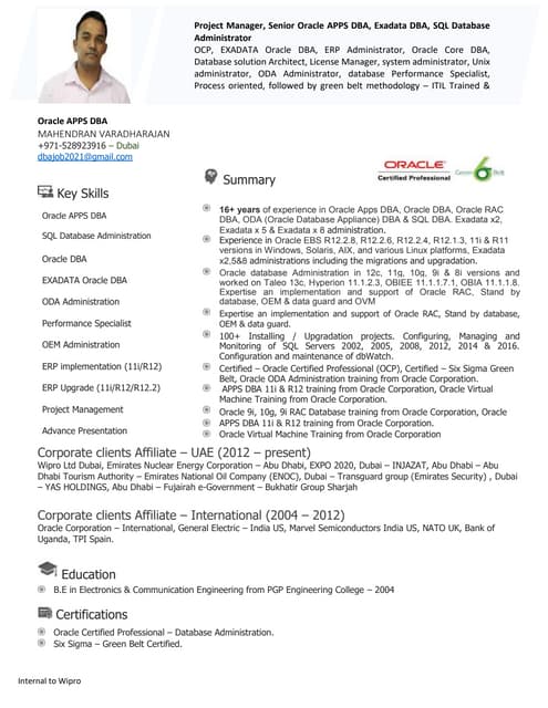 Oracle Apps DBA & Oracle DBA Resume | PDF Oracle Apps DBA & Oracle DBA Resume | PDF