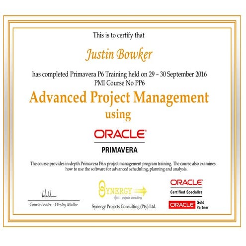 Primavera P6 Advanced Course Certificate - J.Bowker | PDF