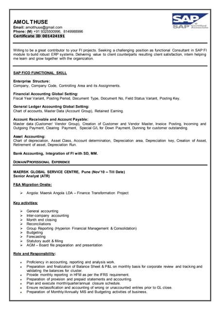 Sap FICO resume | DOCX | Business Accounting & Finance | Business