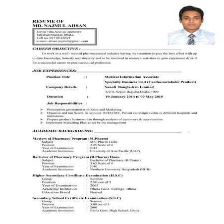 Najmul's Resume UPD. EXP.01 | Pharmaceutical Industry | Industries