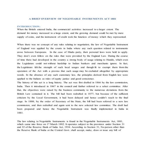 A BRIEF OVERVIEW OF NEGOTIABLE INSTRUMENTS ACT 1881 | PDF