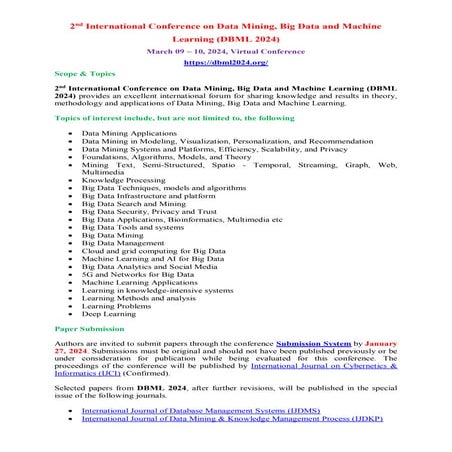 Online Paper Submission 2nd International Conference On Data Mining Big Data And Machine 