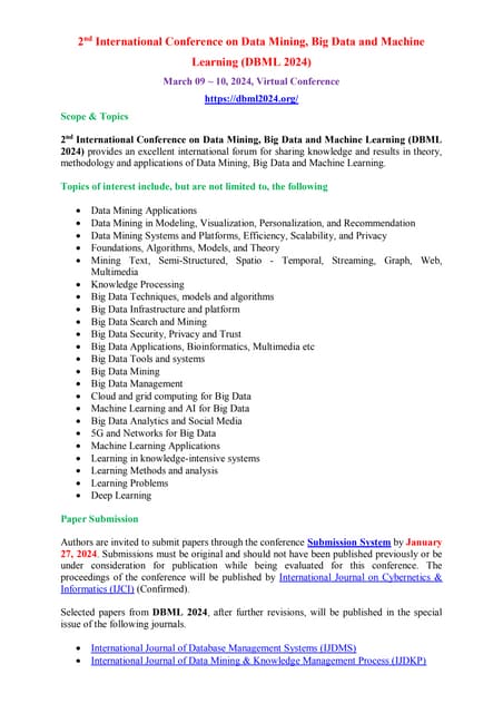 Online Paper Submission 2nd International Conference On Data Mining Big Data And Machine