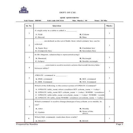 Dbms Final Quiz1 Pdf