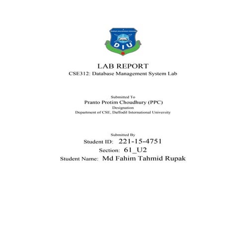 Problem based DBMS lab report || Fahim Tahmid Rupak || Daffodil International University | PDF