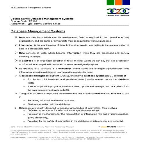 Dbms Lecture Notes Pdf