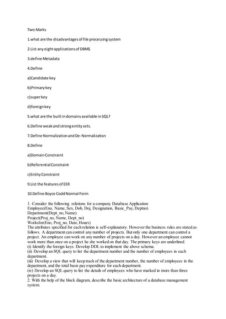 DBMS Assignments Questions | DOCX