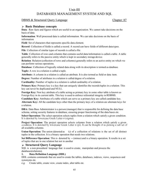 Class Xii Unit Iii Sql And Mysql Notes0pdf 3160