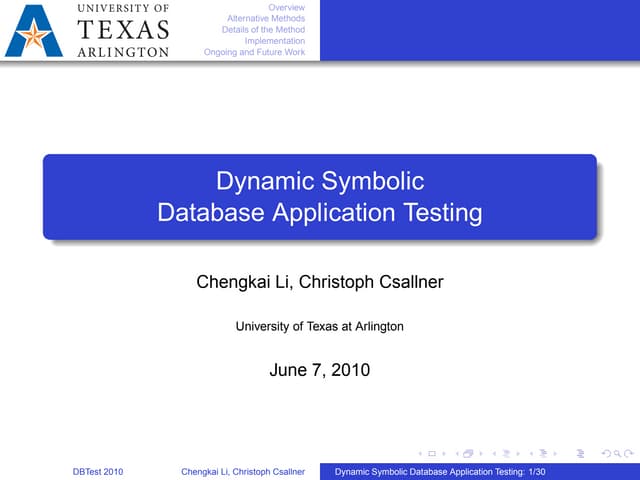 Dynamic Symbolic Database Application Testing Ppt
