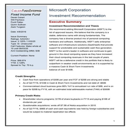 Microsoft Stock Pitch and analysis Presentation | PDF