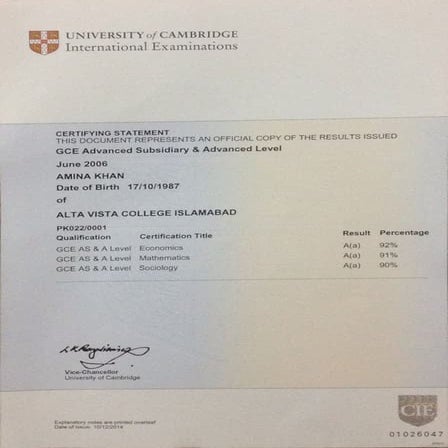 Aminas A levels Cert | PDF