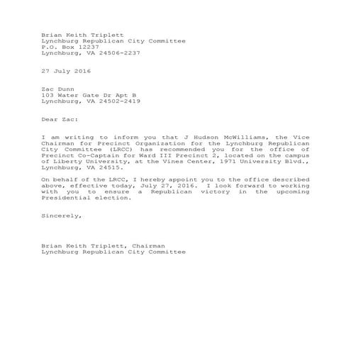 Letter to Zac Dunn - Appointment as Co-Captain for III-2 | PDF