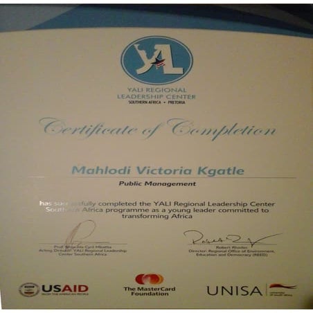 YALI certificate of completion- Mahlodi Kgatle | PDF