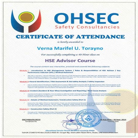 HSE ADVISOR CERTIFICATE OF ATTENDANCE (1) | PDF
