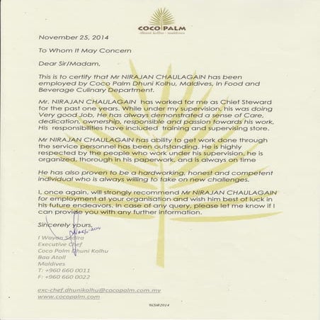 Reference Letter Executive Chef | PDF | Business | Business and Finance