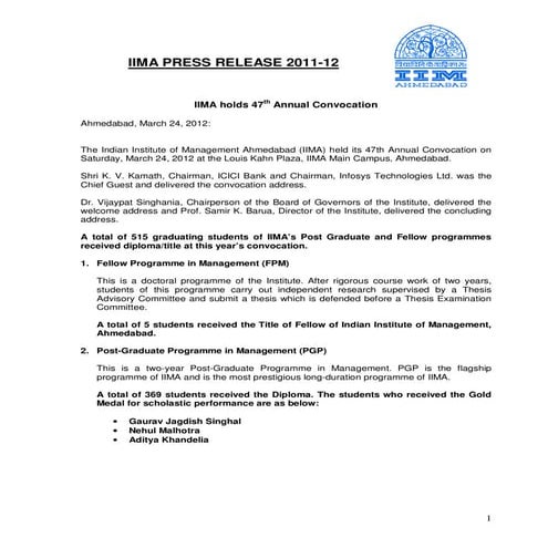 IIMA Annual convocation 2012 | PDF
