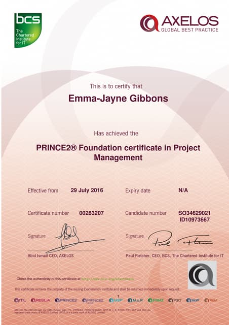 PRINCE2 Certificate | PDF