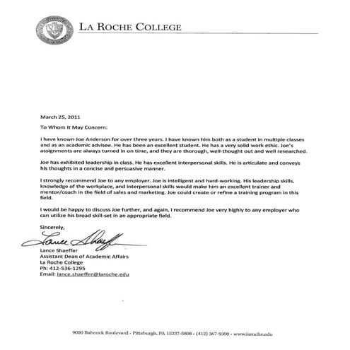 Reco Letter from LaRoche Two | PDF