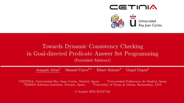 Towards Dynamic Consistency Checking In Goal Directed Predicate Answer Set Programming Ppt