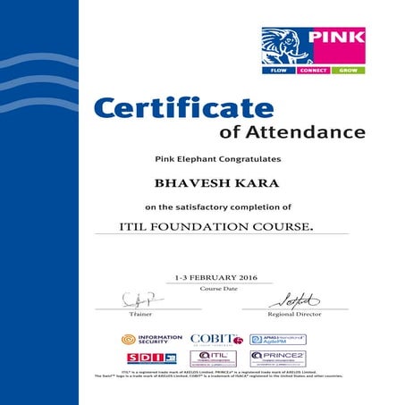 ITIL Foundation Certificate of Attendance. | PDF