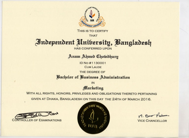 BBA ORIGINAL CERTIFICATE